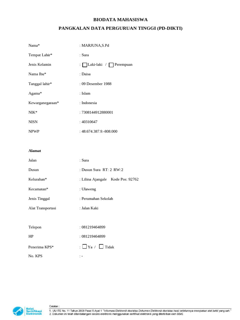 Biodata Diri Mhasiswa PPG 2024 | PDF