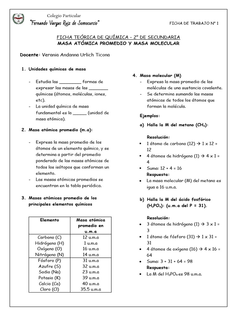 Ficha Teórica N°1 - Masa Atómica Promedio y Masa Molecular - 2do de Sec | PDF | Elementos ...