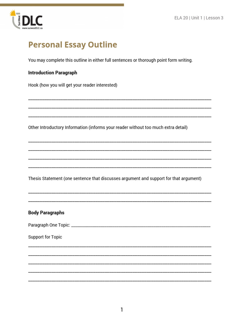 Ela 20 U01 L03 A01 Personal Essay Outline | PDF | Essays