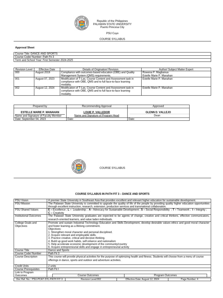 PATH FIT 3 Syllabus Revise 2024 | PDF | Learning | Physical Fitness