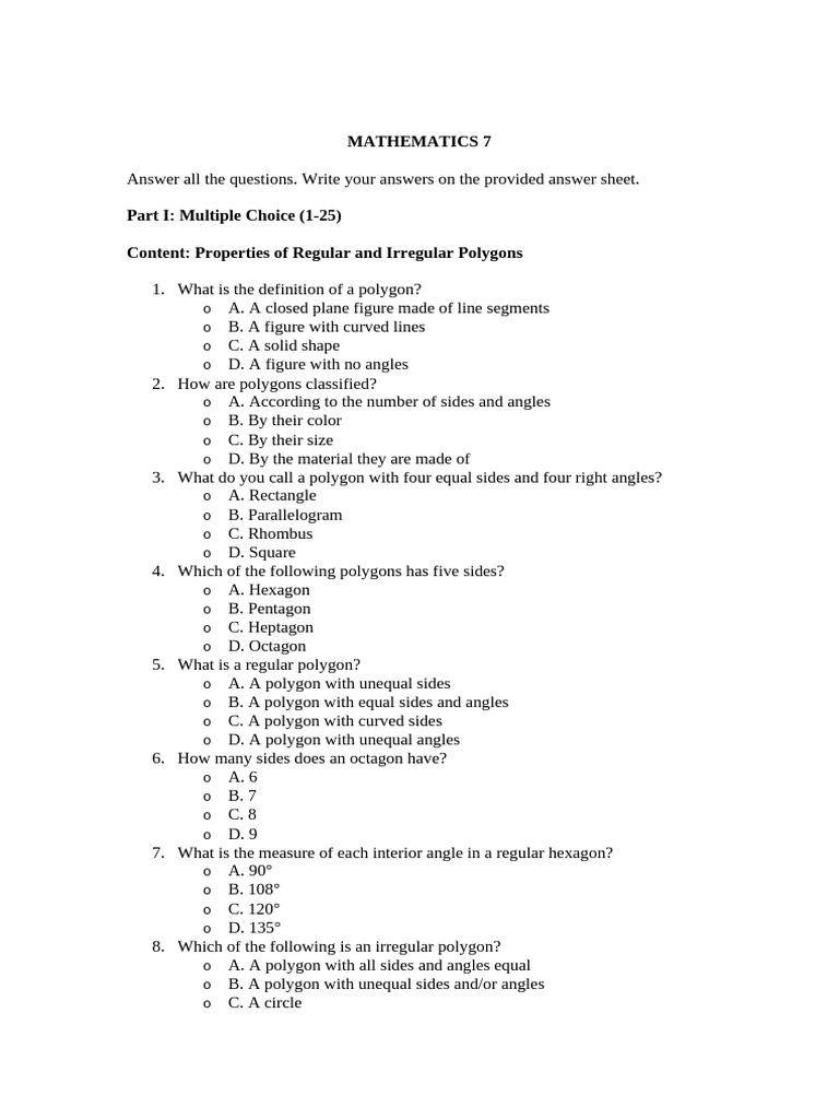 MATH7 1ST QUARTER EXAM | PDF | Polygon | Shape