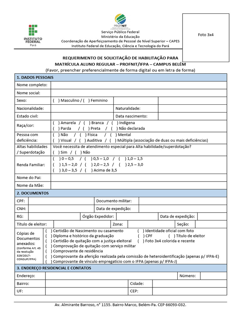 Formulário de Matrícula Profnit | PDF