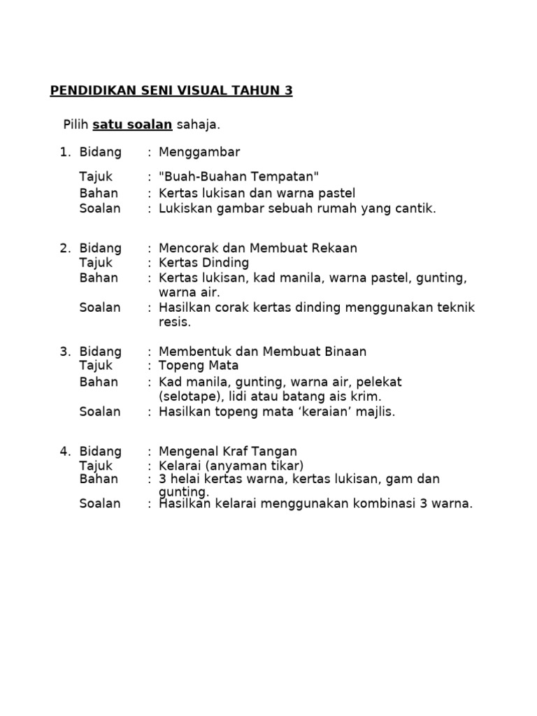 Aktiviti Seni Visual Tahun 3 | PDF | Game & Aktivitas | Griya & Taman