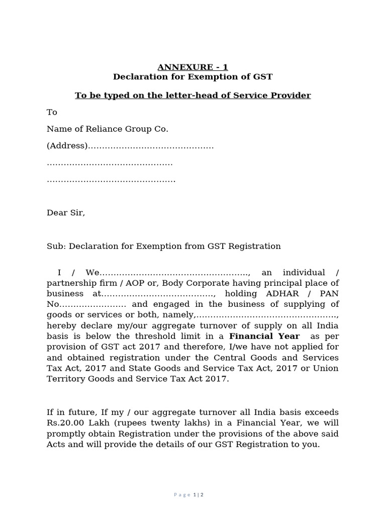 Annexurede Claration For Exemption of GST | PDF