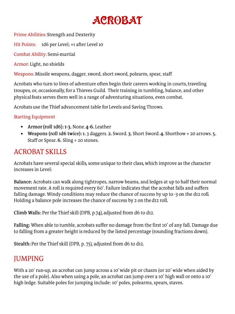 Dolmenwood Acrobat Class Draft | PDF