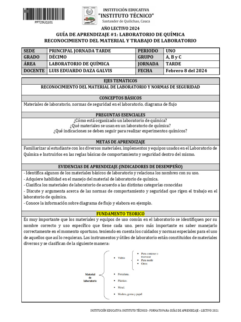 Guía 1 - Laboratorio de Química Décimo 2024-Reconocimiento Del Material de Laboratorio y Normas ...