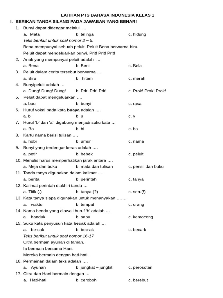 Latihan PTS Bahasa Indonesia Kelas 1 | PDF | Kajian Bahasa Asing | Seni