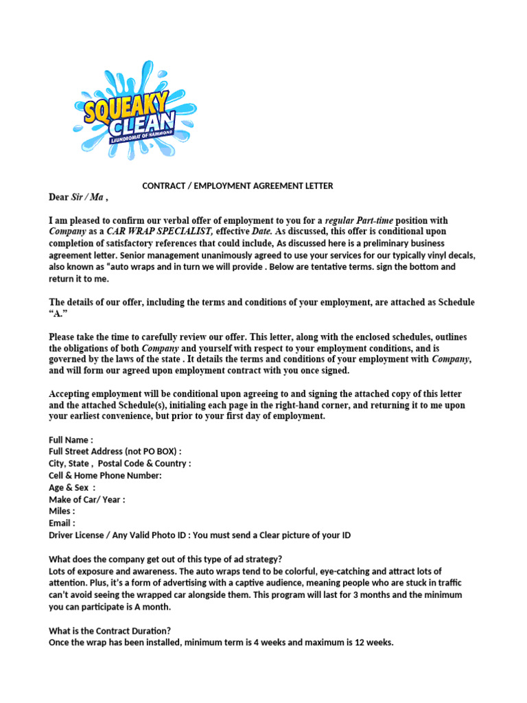 Car Wrap CONTRACT EMPLOYMENT AGREEMENT LETTER | PDF | Business