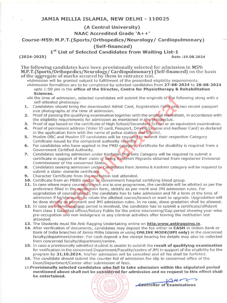 MPT Entrance Result of 1st Waiting List | PDF