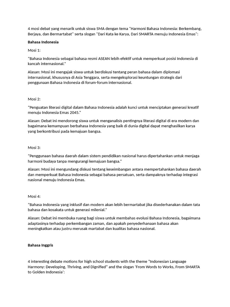 4 Mosi Debat Indo Dan Inngris Yang Menarik Untuk Siswa SMA Dengan Tema | PDF | Ilmu Sosial ...