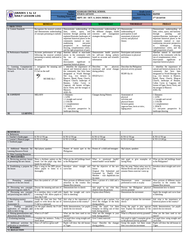 DLL_MAPEH 5_Q2_W1 | PDF | Cognitive Science | Learning