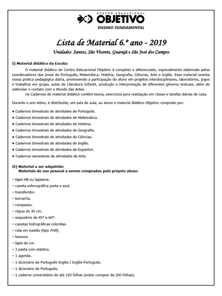 Lista+de+Material+6+%c2%Ba+Ano+ +2019 | PDF