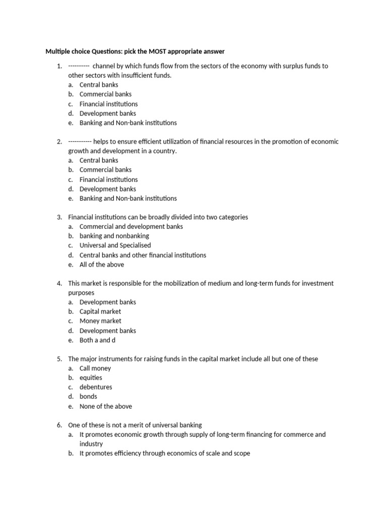 Financial Institutions Quiz | PDF | Banks | Money
