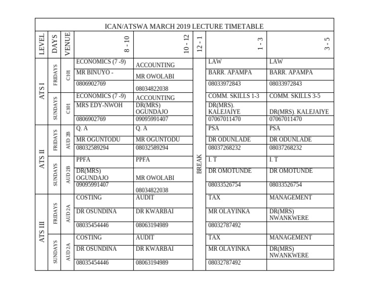 Atswa March 2019 Timetable-1 | PDF