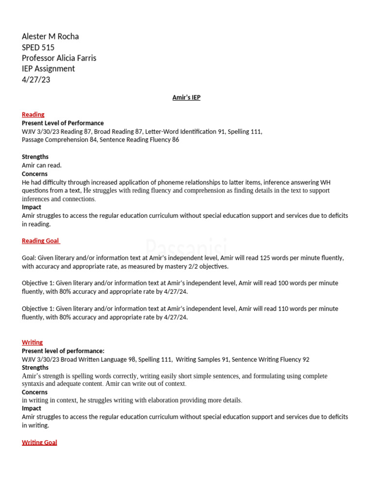 SPED 515 IEP Assignment | PDF | Mathematics | Fluency