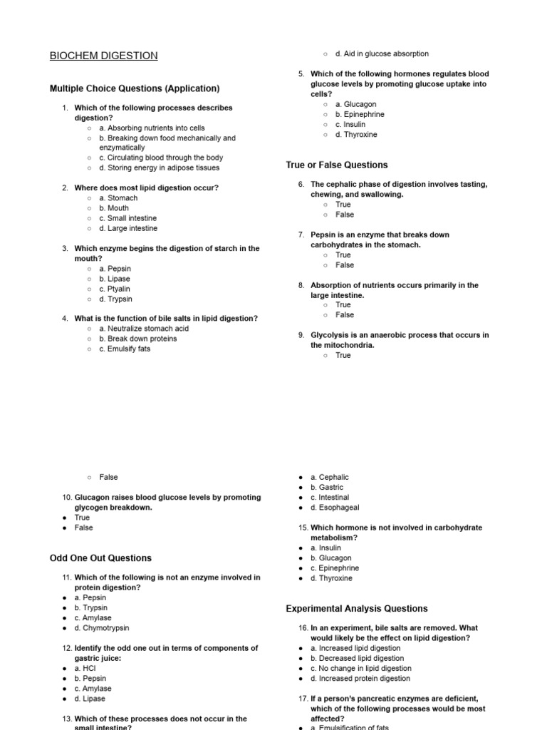 Biochemistry of Digestion Quiz | PDF | Digestion | Stomach