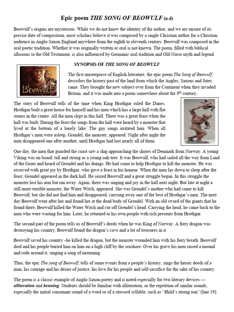THE SONG OF BEOWULF Synopsis | PDF | Beowulf