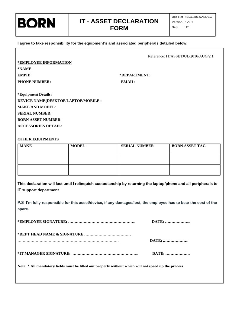 IT Assets Form v2.1 | PDF | Finance & Money Management | Technology ...