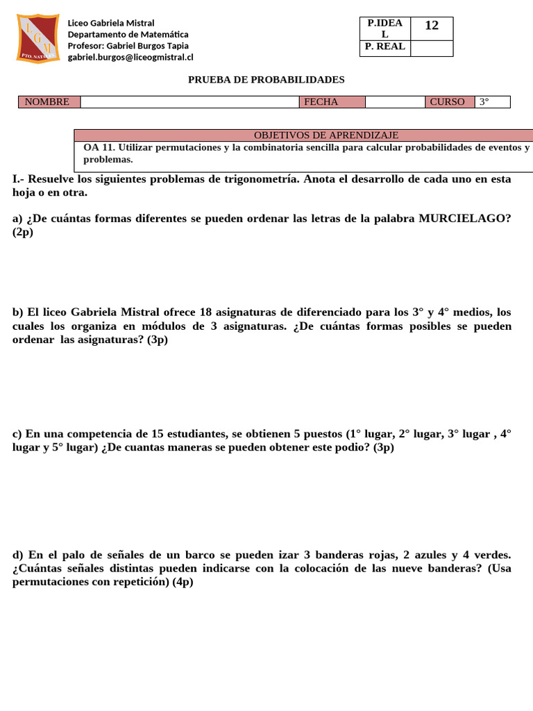 Prueba de Probabilidades y Combinatoria | PDF