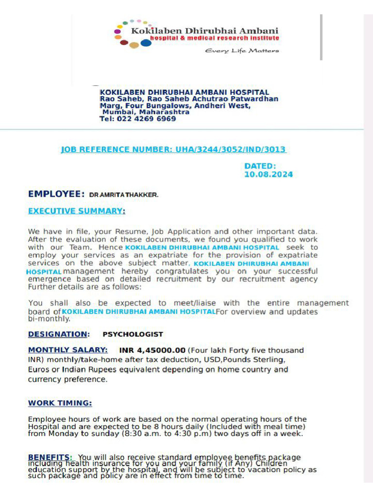 Offer Letter - DR AMRITA | PDF