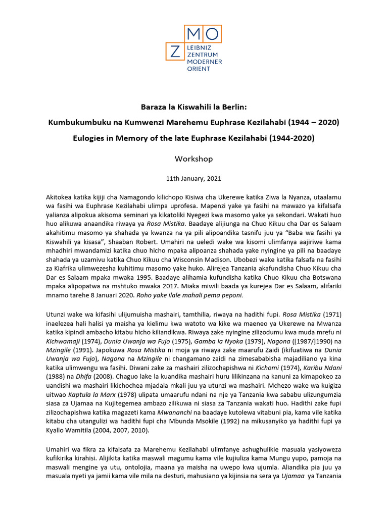 Eulogies for Euphrase Kezilahabi | PDF | Swahili Language | Liberal Arts Education