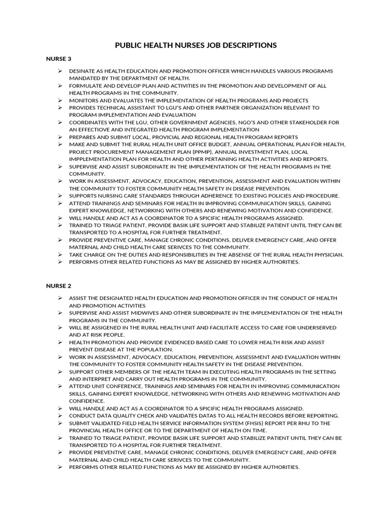 Public Health Nurse Job Descriptions | PDF | Nursing | Preventive ...