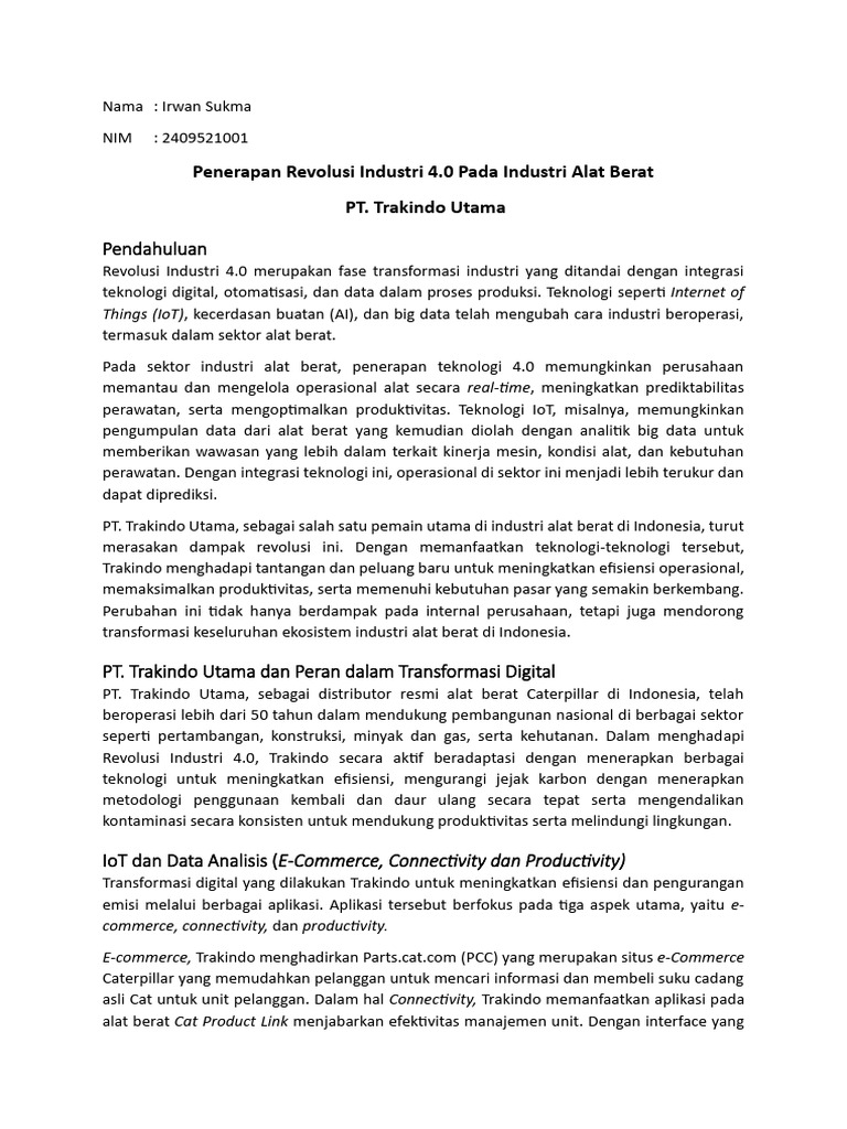 Penerapan RI 4.0 Industri Alat Berat PT. Trakindo Utama - Irwan Sukma | PDF | Bisnis