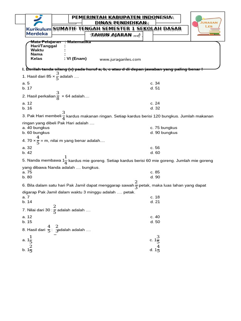 Soal PTS - STS Matematika Kelas 6 Semester 1 Kurikulum Merdeka | PDF