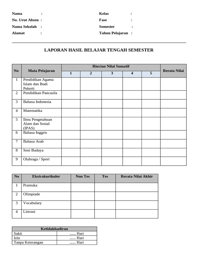 Format Rapor Uts Kelas 4 | PDF