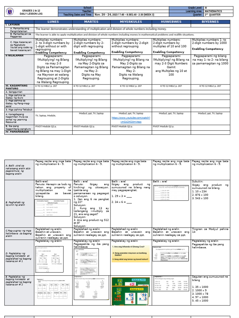 DLL - Q2 Math W3 | PDF