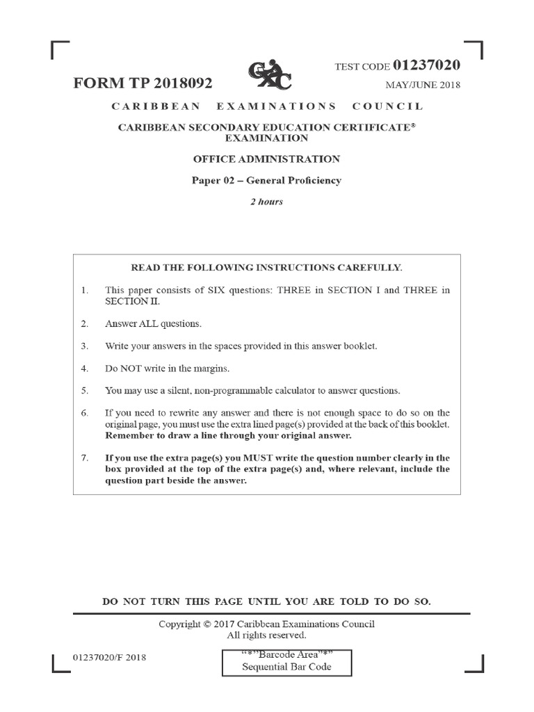 CSEC Office Administration P2 2018 | PDF | Barcode | Computing