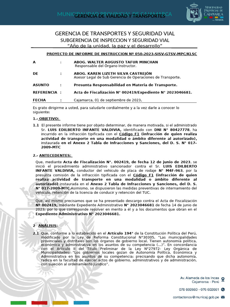 EXP. N° 2023046681 PROYECTO DE INFORME FINAL | PDF | Regulación | Transporte
