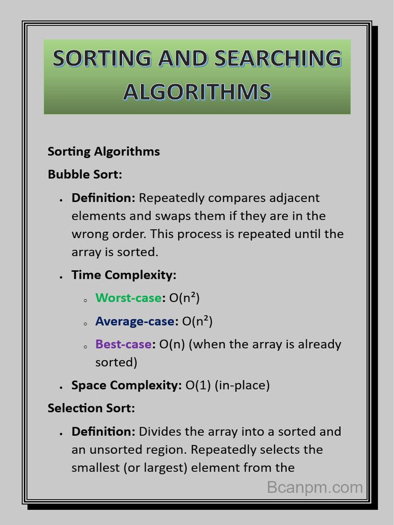 Sorting and Searching Algorithms Notes | PDF | Time Complexity | Theory ...