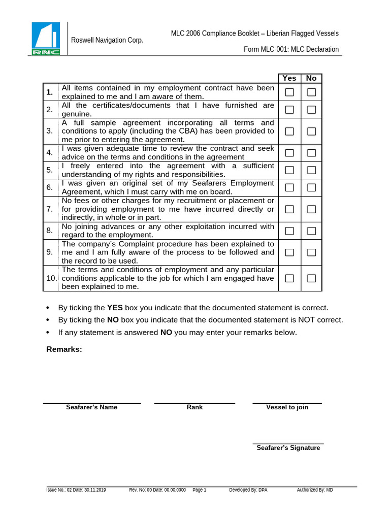 MLC 2006 Compliance Checklist for Seafarers | PDF