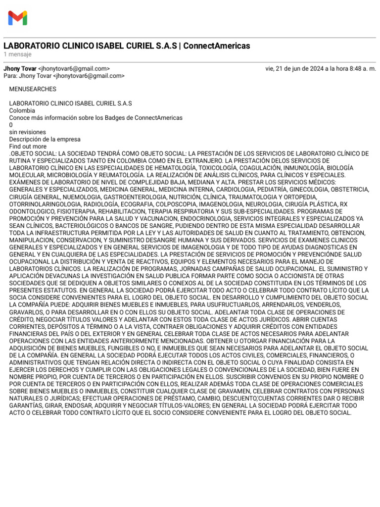 Gmail - LABORATORIO CLINICO ISABEL CURIEL S.A.S - ConnectAmericas | PDF ...