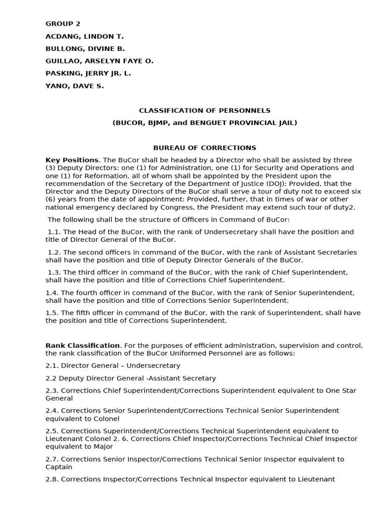 BuCor Personnel Classification Guide | PDF | Prison | Inspector
