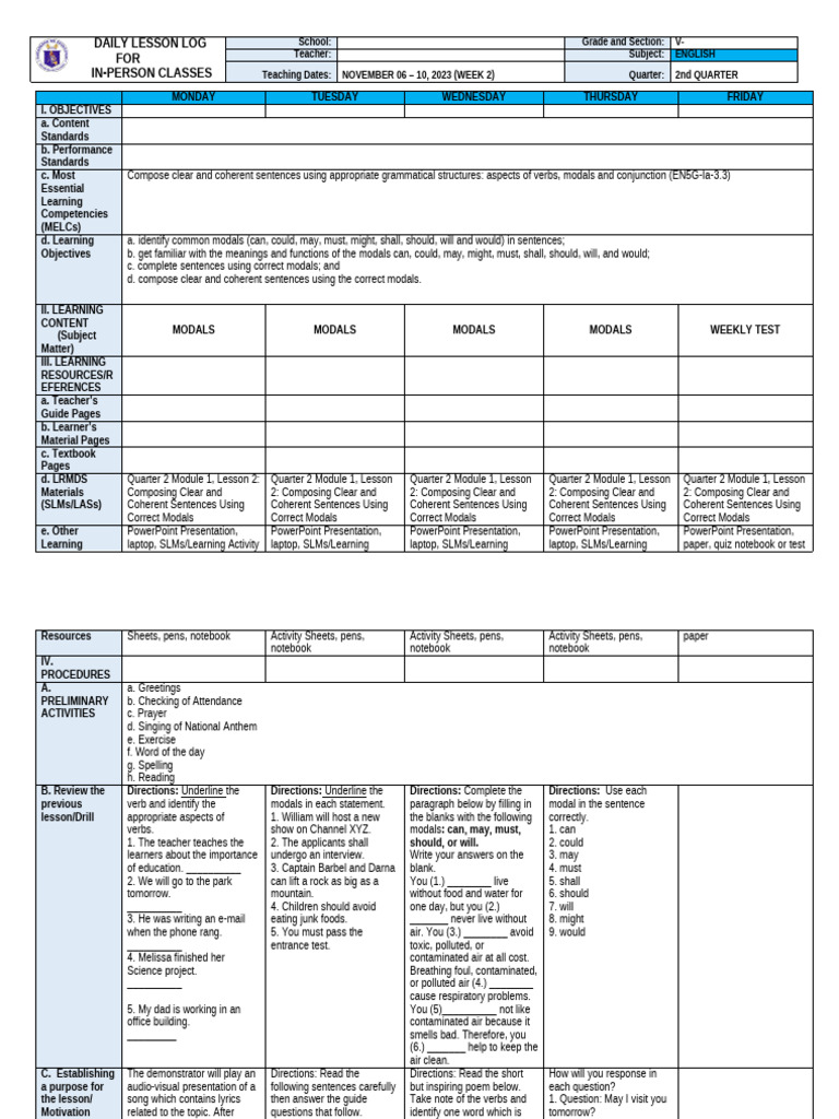 g5 q2w2 DLL English (Melcs) | PDF | Modal Logic | Grammar