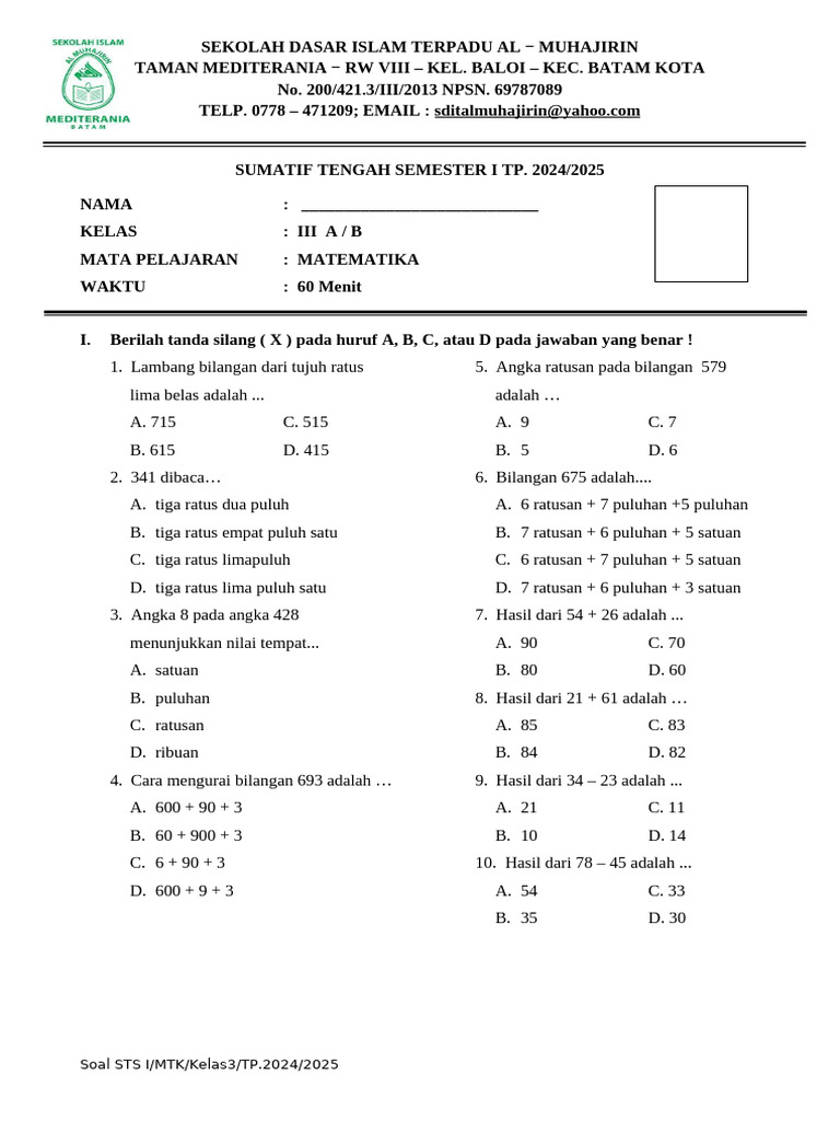 Soal PTS 1 MTK PT.24-25 Winda | PDF
