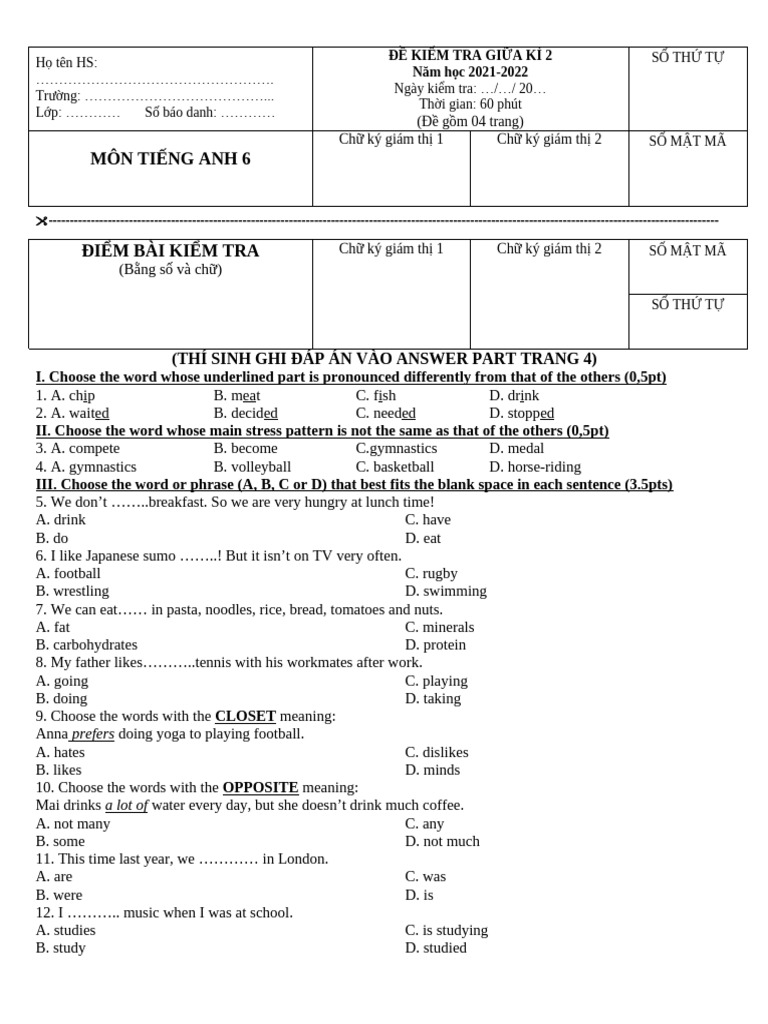 ĐỀ KT GIỮA KÌ G6 | PDF | Junk Food | Dieting