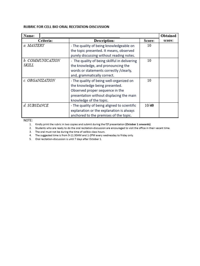 Rubric For Cell Bio Oral Recitation | PDF