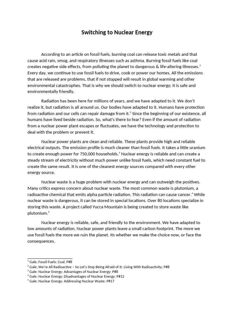 Argumentative Essay - Switching To Nuclear Energy | PDF | Nuclear Power ...