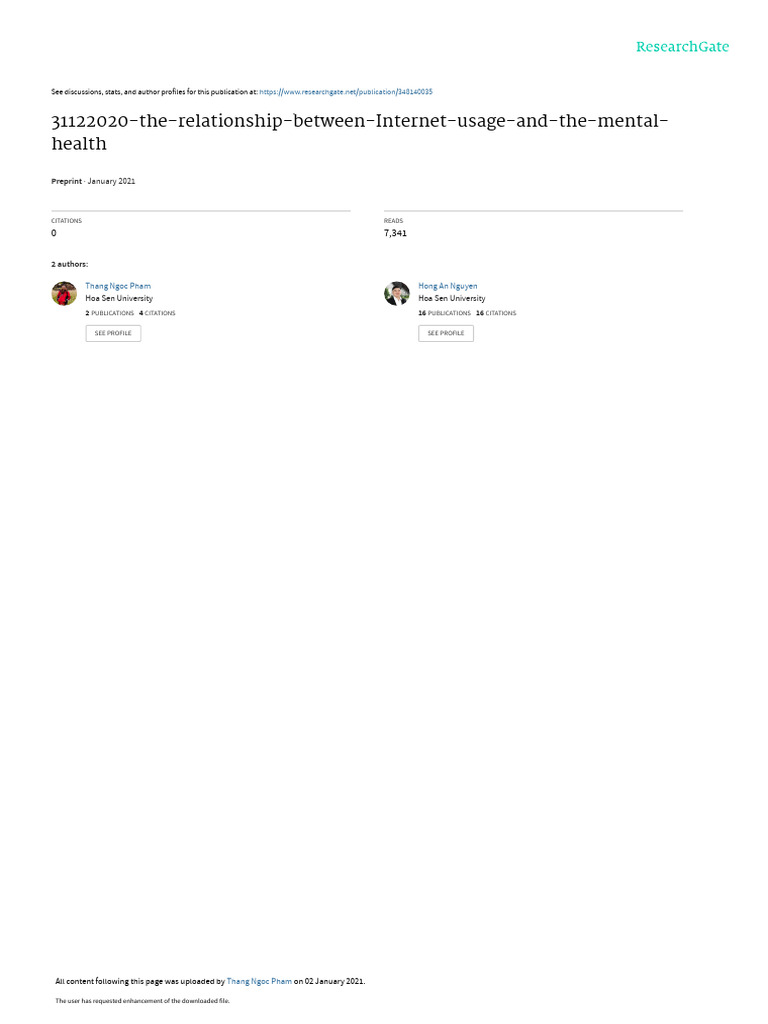 The Relationship Between Internet Usage and The Mental Health | PDF
