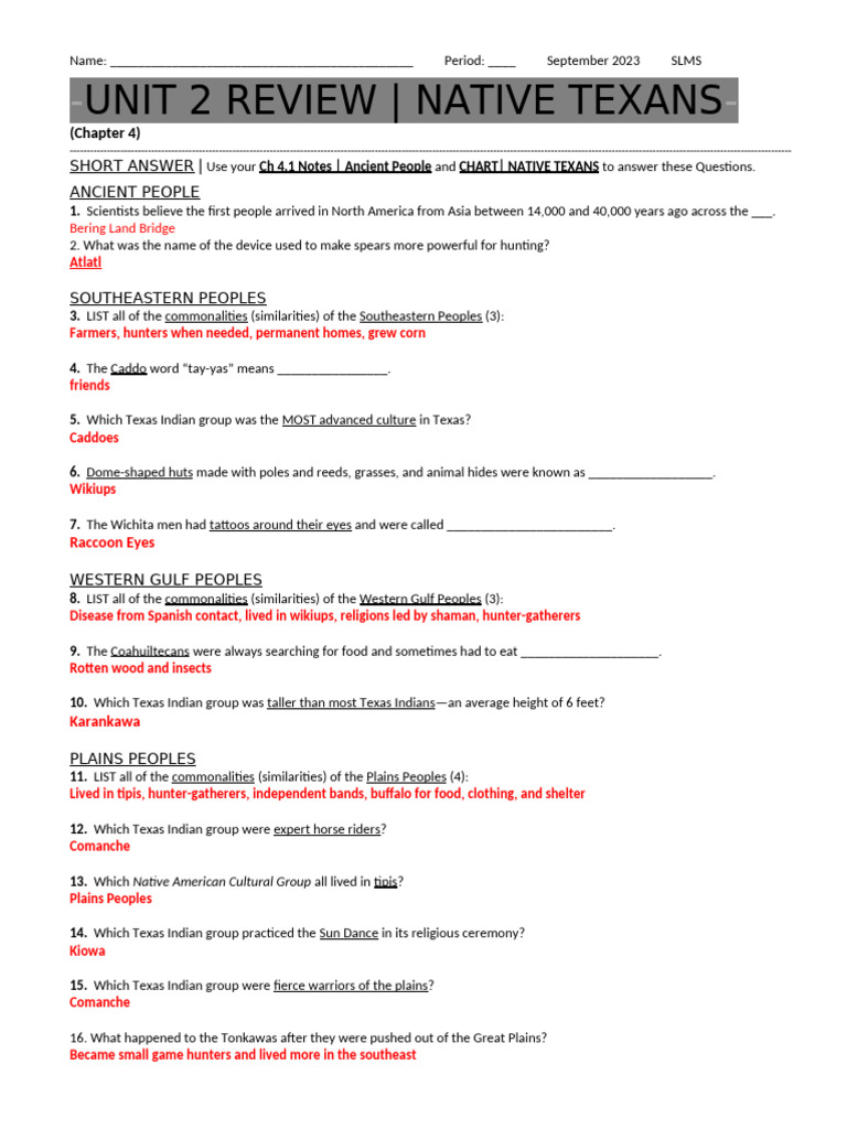 Native+Test+Review+answered | PDF | Texas | Comanche