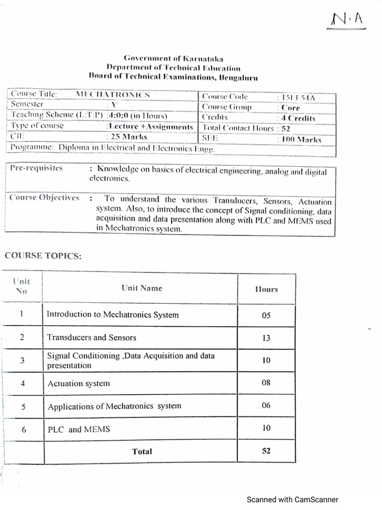 6th Sem Mechatronics Syllabus | PDF