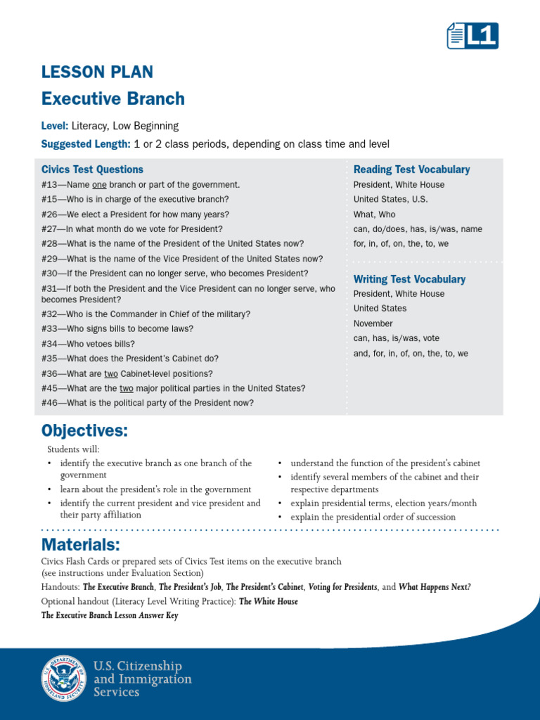 Executive_Branch_lesson_plan | PDF | Presidents Of The United States ...