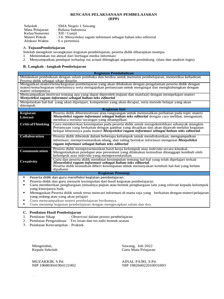 11 RPP 1 Lembar Bahasa Indonesia Kls.12 Sem.1 - WWW - Kherysuryawan.id | PDF