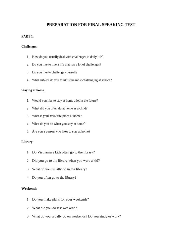 Preparation For Final Speaking Test 1 | PDF | Language Arts & Discipline