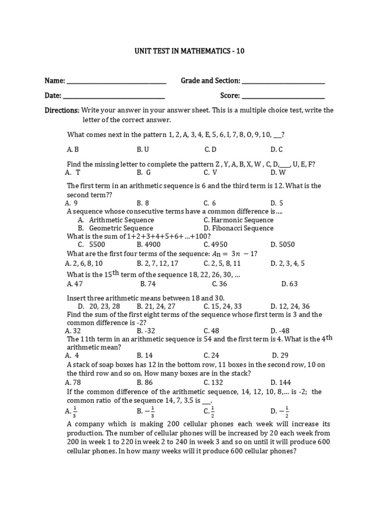 First Periodical Examination in Math 10 | PDF | Sequence | Mathematical Objects