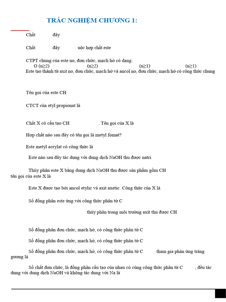 BÀI TẬP CHƯƠNG 1 ESTE LIPIT | PDF