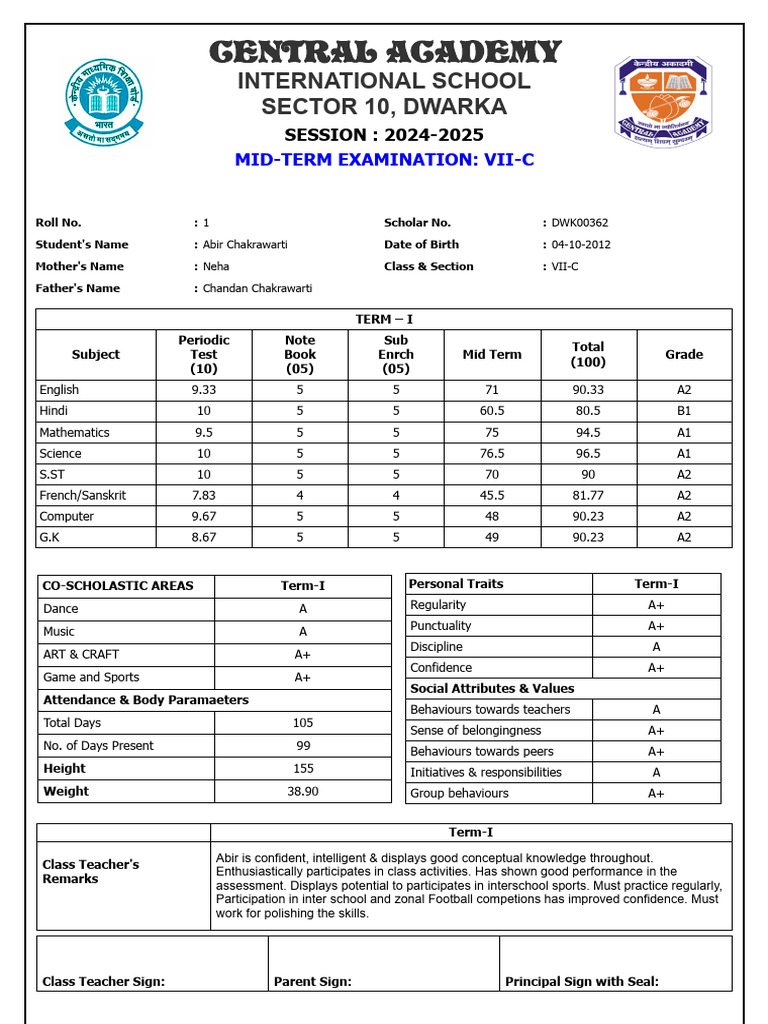Class VII-C Mid-Term Report 2024-2025 | PDF | Psychology | Psychological Concepts